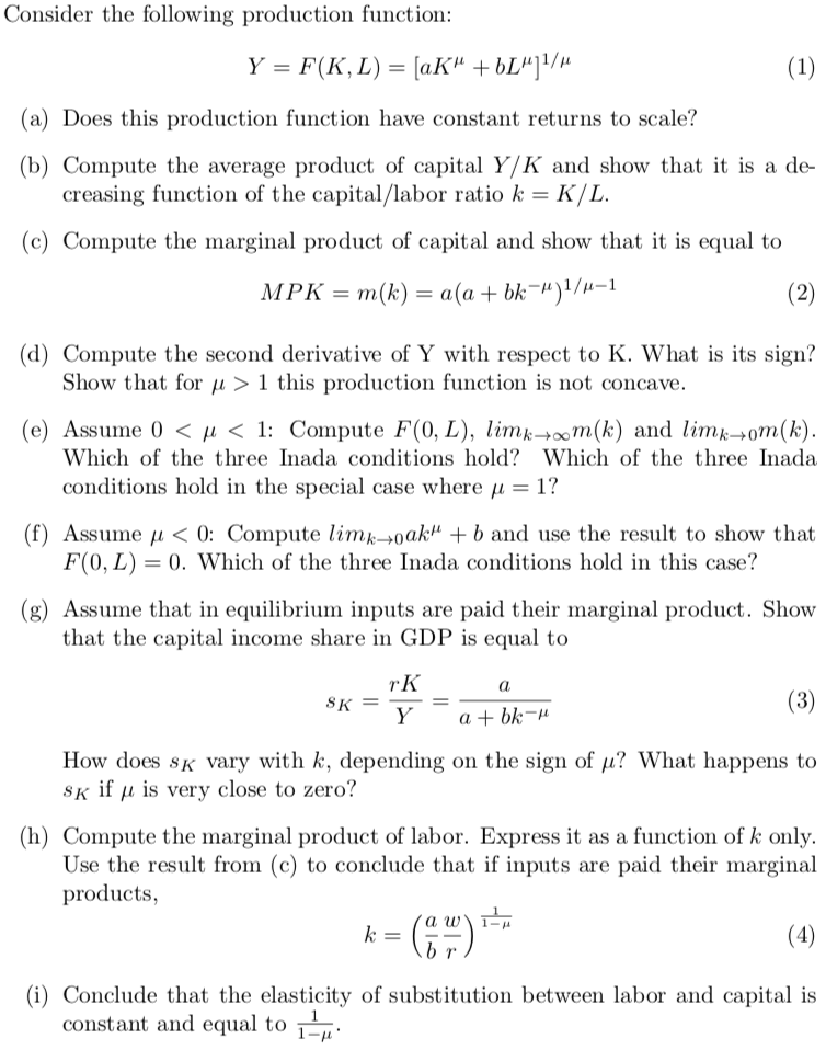 Solved Consider The Following Production Function Y F K