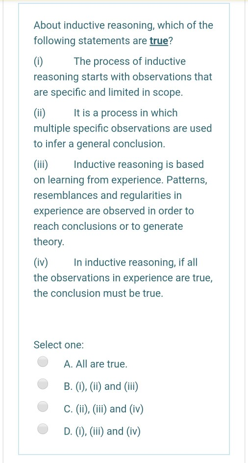 Solved About inductive reasoning, which of the following | Chegg.com