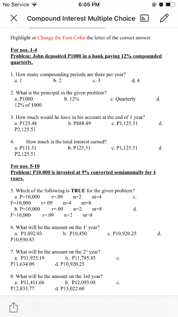 Solved No Service 6:05 PM Х Compound Interest Multiple | Chegg.com
