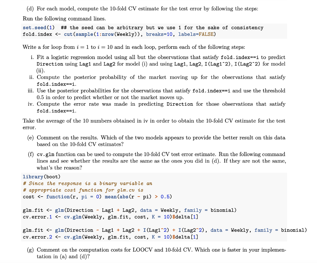 (d) For each model, compute the 10-fold CV estimate | Chegg.com