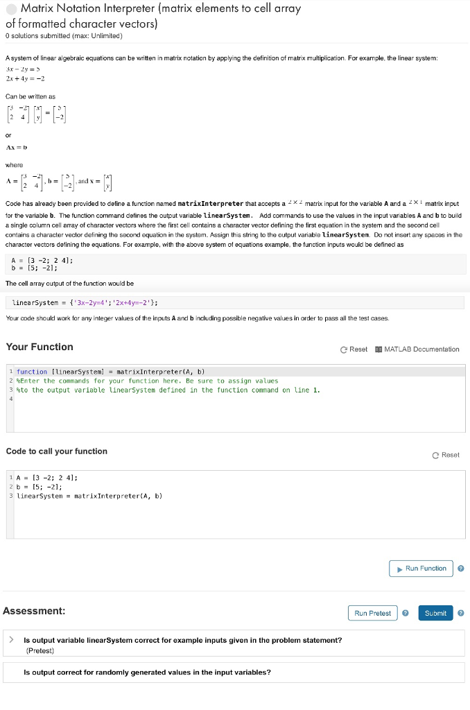 Solved Matrix Notation Interpreter (matrix elements to cell | Chegg.com