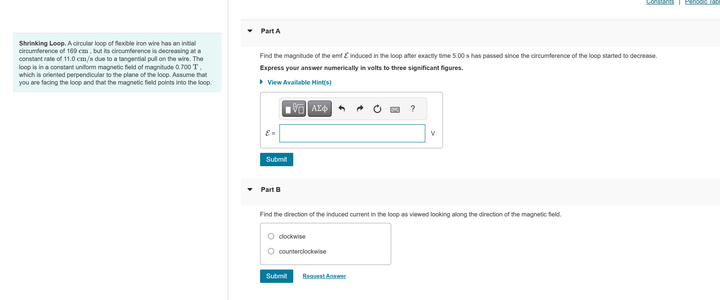 Solved Shrinking Loop. A circular loop of flexible iron wire | Chegg.com