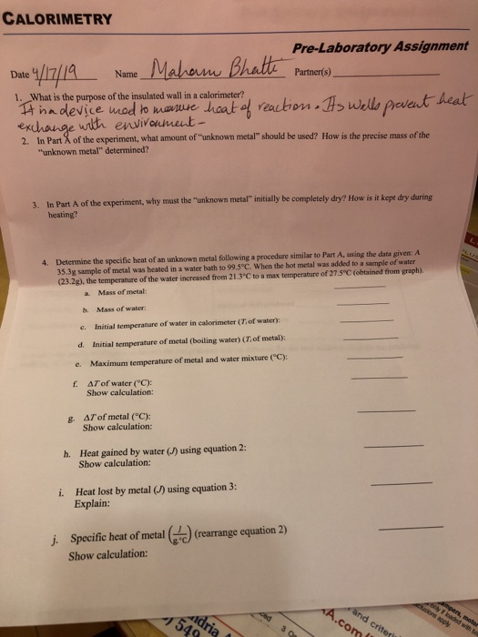 CALORIMETRY Pre-Laboratory Assignment Partner(s) Date | Chegg.com