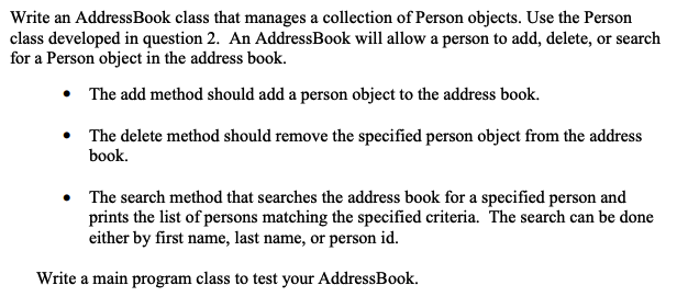Write an AddressBook class that manages a collection | Chegg.com