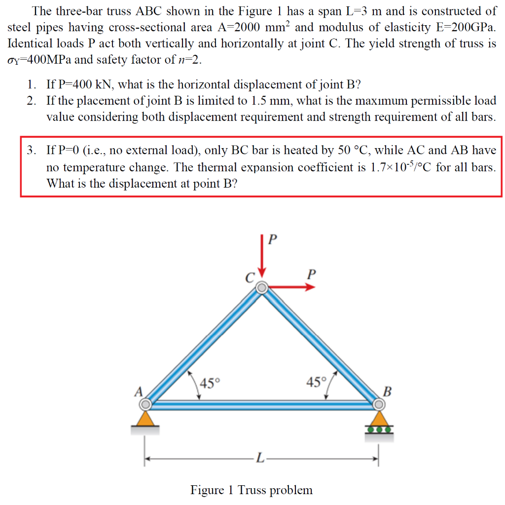Solved The three-bar truss ABC shown in the Figure 1 has a | Chegg.com