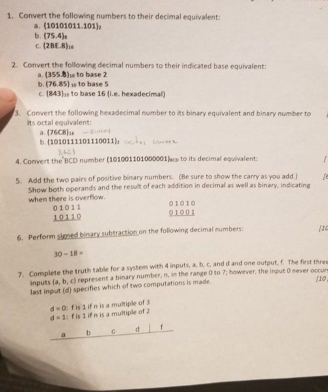 Solved 1. Convert the following numbers to their decimal | Chegg.com