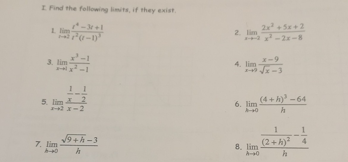 Solved I. Find the following limits, ﻿if they | Chegg.com