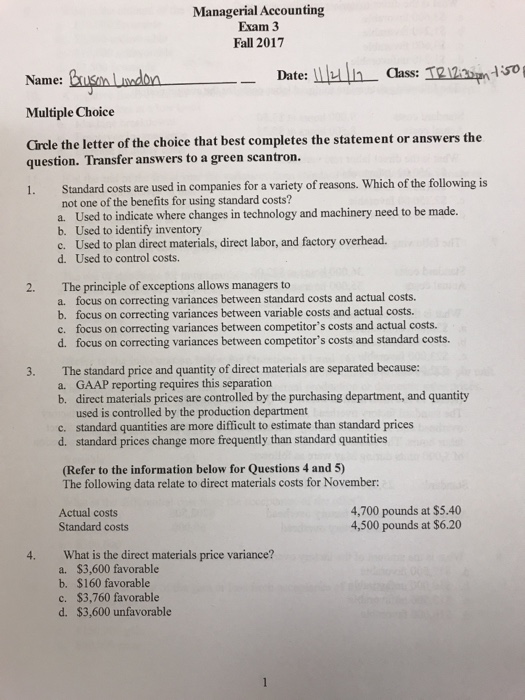 Solved Managerial Accounting Exam 3 Fall 2017 Date: Class: | Chegg.com