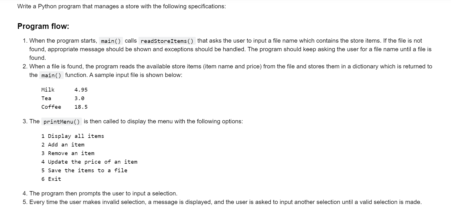 Solved Write a Python program that manages a store with the | Chegg.com