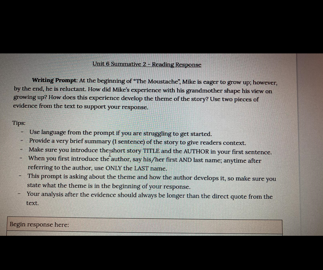 Unit 6 Summative 2 - Reading Response Writing Prompt: | Chegg.com