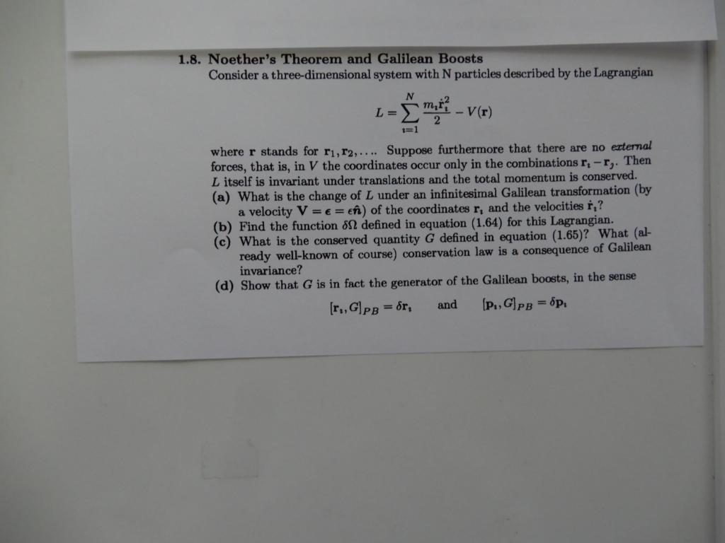 Solved 1.8. Noether's Theorem and Galilean Boosts Consider a | Chegg.com