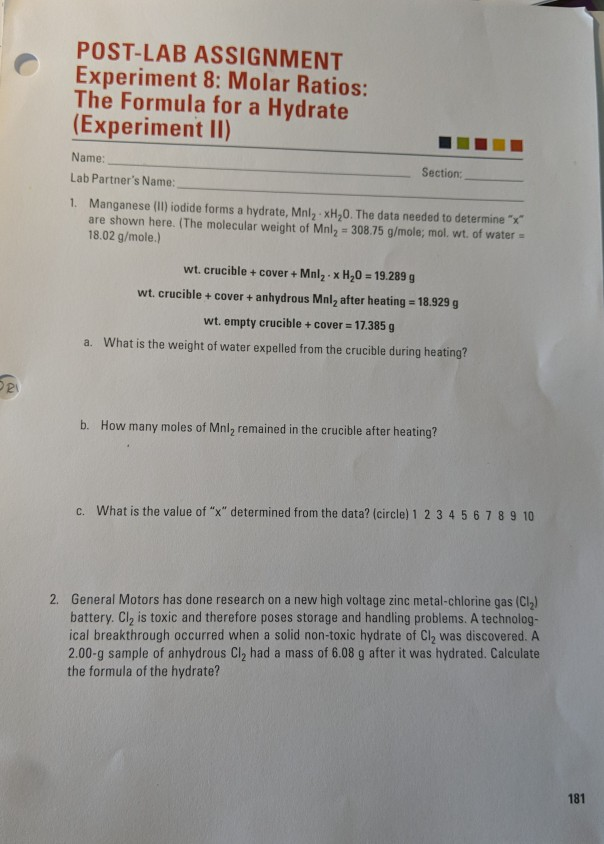 Solved POST-LAB ASSIGNMENT Experiment 8: Molar Ratios: The | Chegg.com