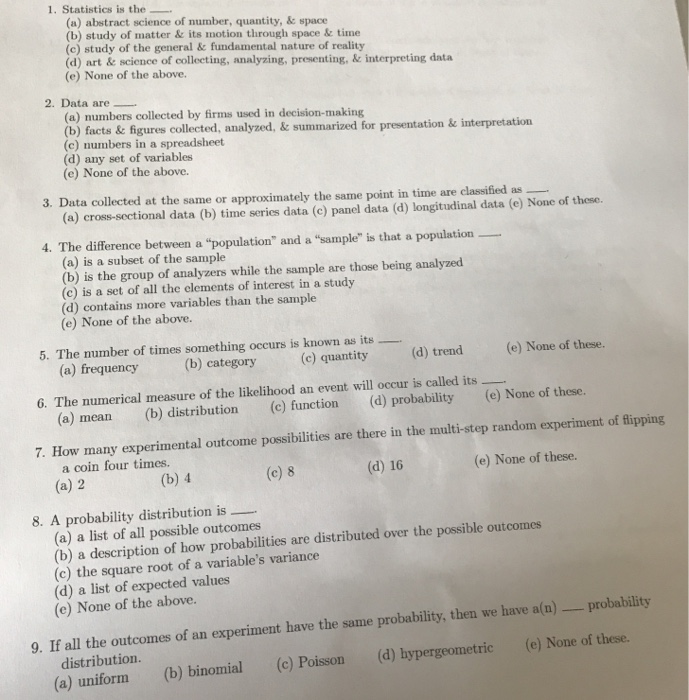 Solved 1. Statistics is the_ (a) abstract science of number, | Chegg.com