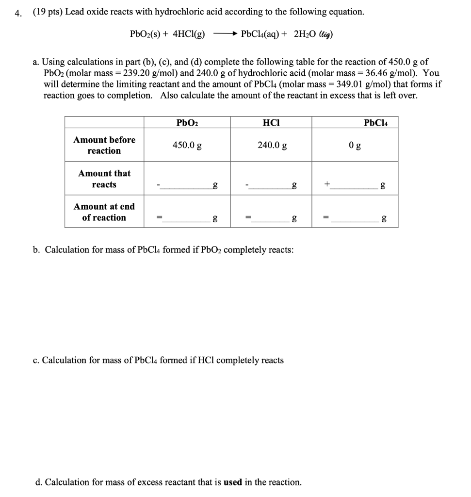 Solved 4. (19 pts) Lead oxide reacts with hydrochloric acid | Chegg.com