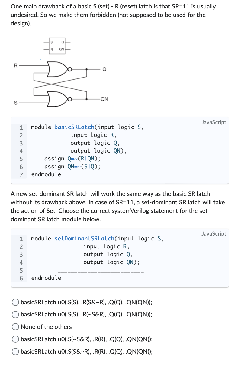 Solved One main drawback of a basic S (set) - R (reset) | Chegg.com