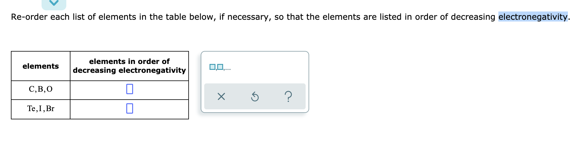Solved Re-order each list of elements in the table below, if | Chegg.com