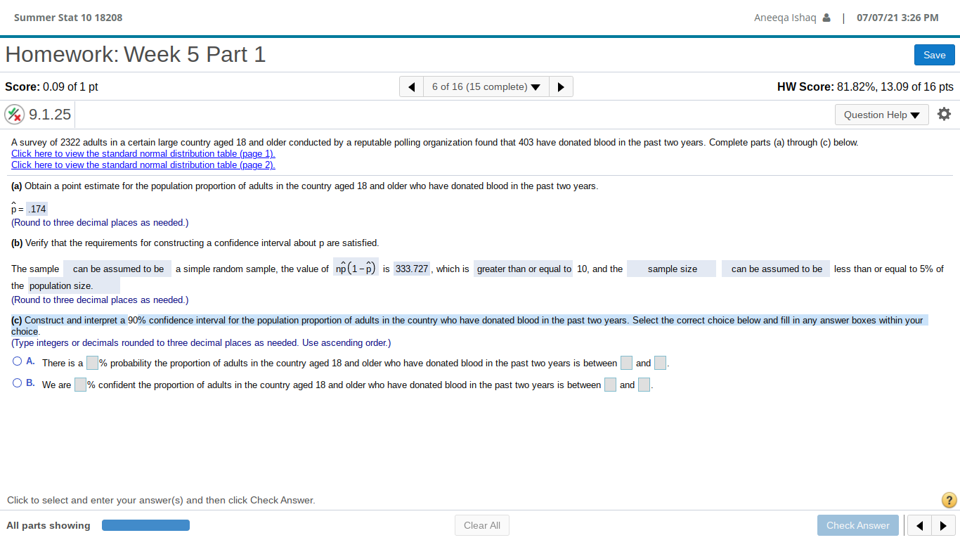 Solved Summer Stat 10 18208 Aneeqa Ishaq & 07/07/21 3:26 PM | Chegg.com
