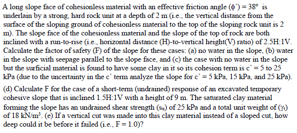 Solved A long slope face of cohesionless material with an | Chegg.com