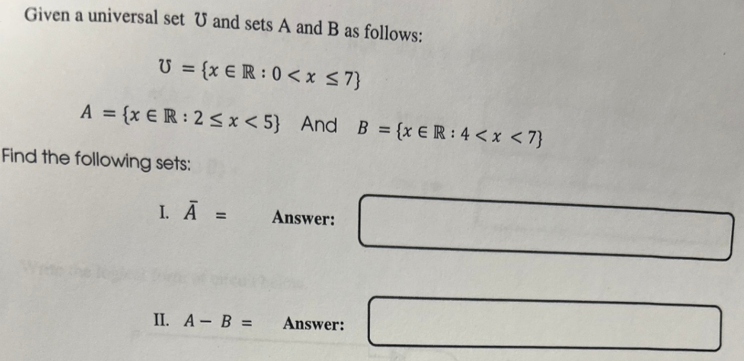 Solved Given a universal set ℧ ﻿and sets A and B as | Chegg.com