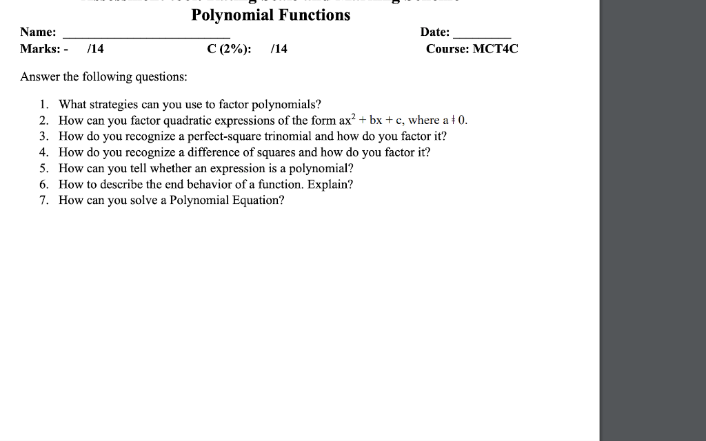 Solved Polynomial Functions Name: Marks: - Date: Course: | Chegg.com