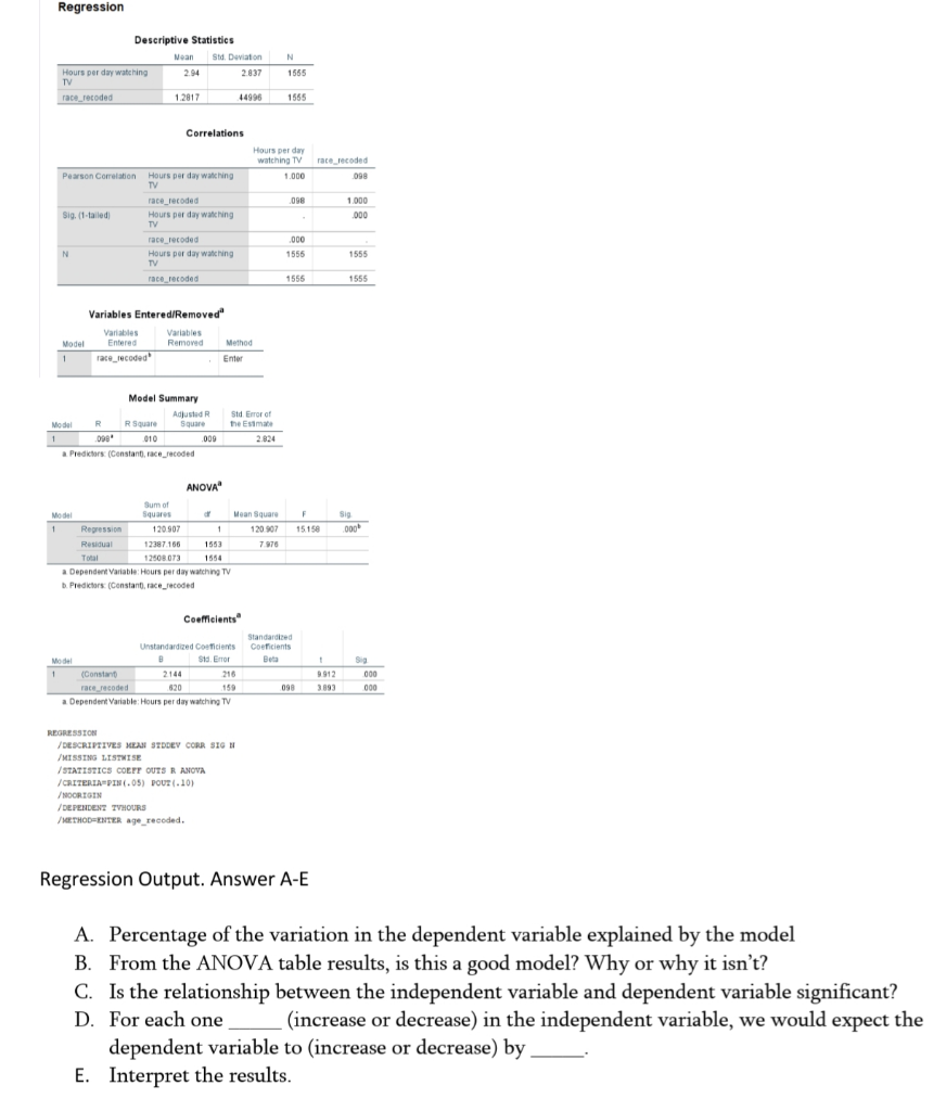 Solved Regression Descriptive Statistics Nean St Deviation | Chegg.com
