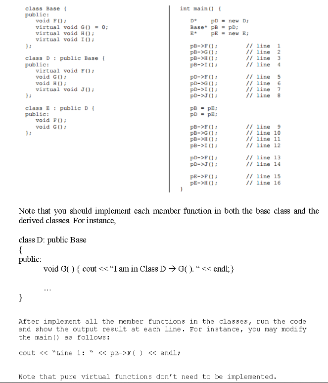 Solved class Base public: void F() virtual void G( 0 virtual | Chegg.com