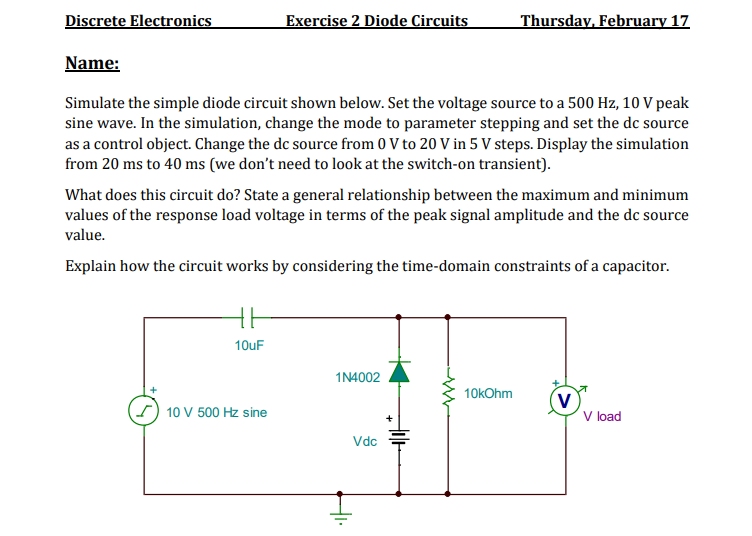 Solved Discrete Electronics Exercise 2 Diode Circuits | Chegg.com