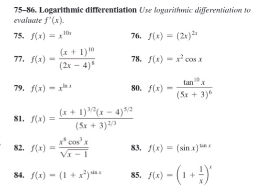 Solved 75-86. Logarithmic differentiation Use logarithmic | Chegg.com