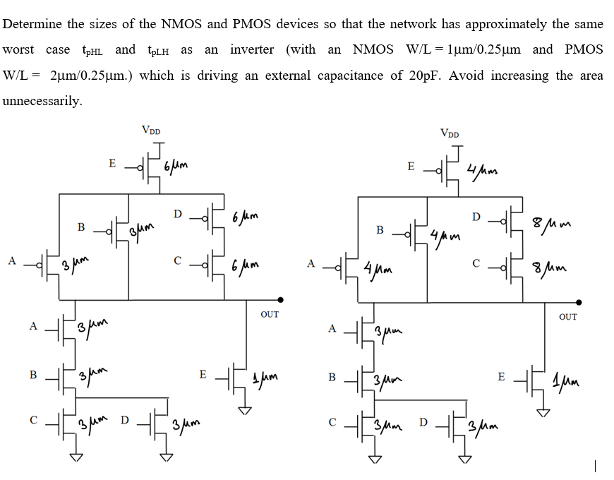 Determine the sizes of the NMOS and PMOS devices so | Chegg.com