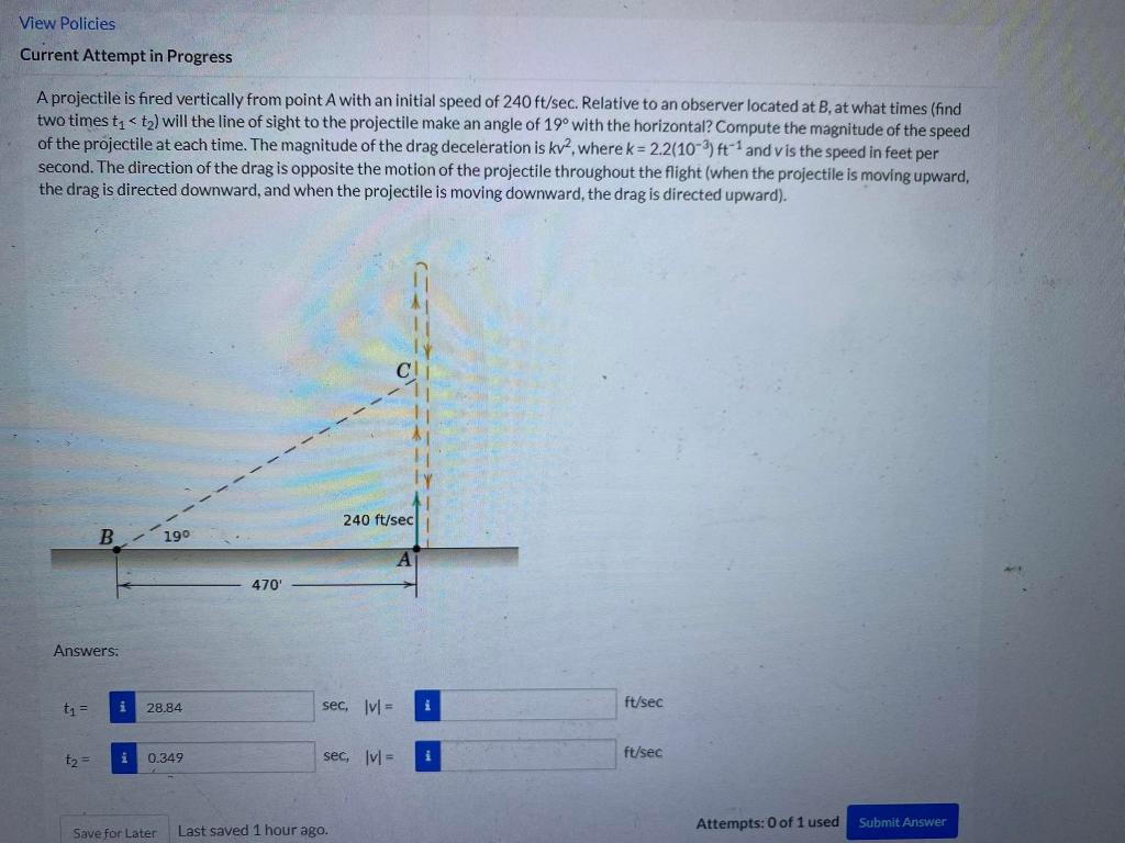 Solved A projectile is fired vertically from point A with an | Chegg.com