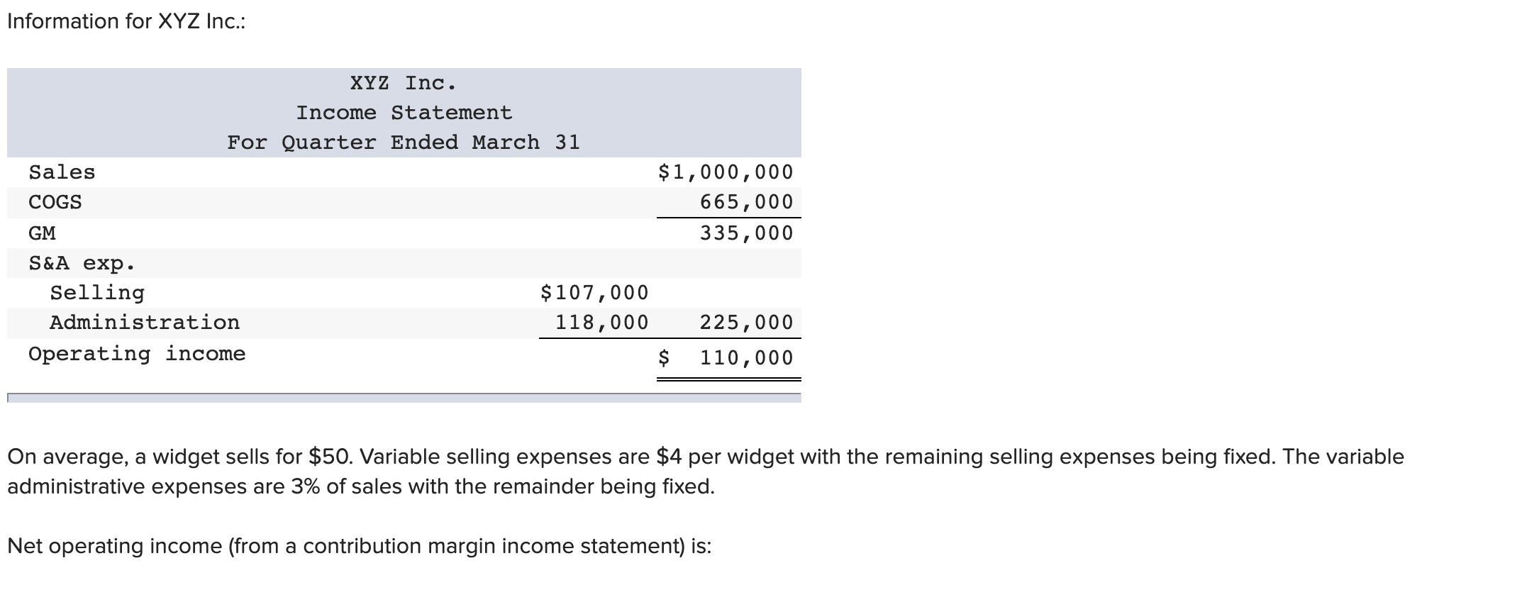Solved Information for XYZ Inc.: XYZ Inc. Income Statement | Chegg.com