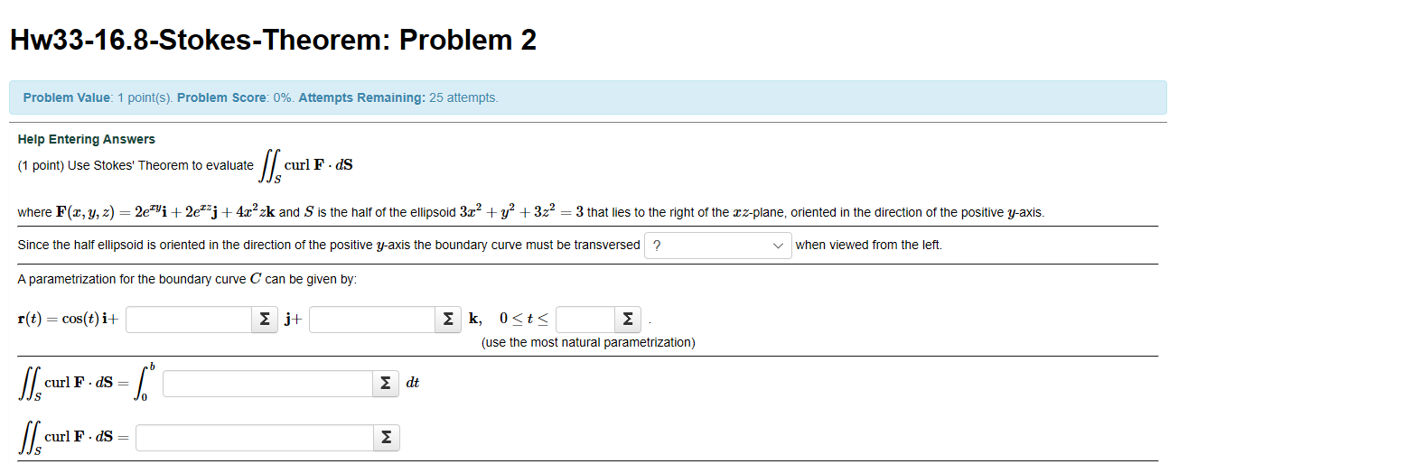 Solved Hw33-16.8-Stokes-Theorem: Problem 2 Problem Value: 1 | Chegg.com