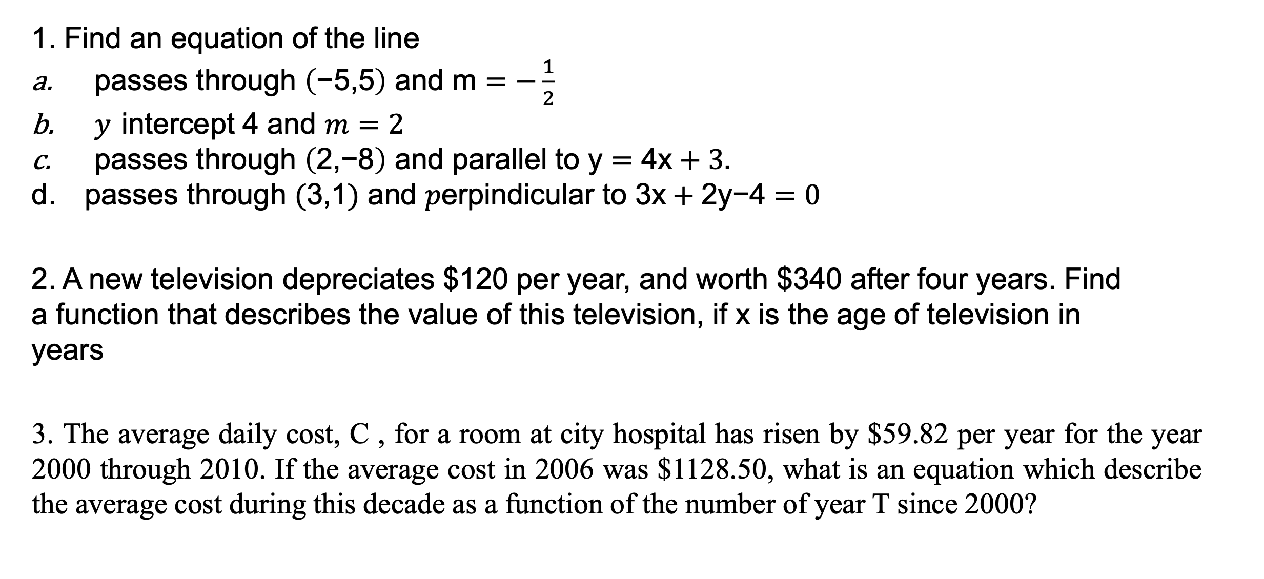 Solved 1. Find an equation of the line a. passes through | Chegg.com