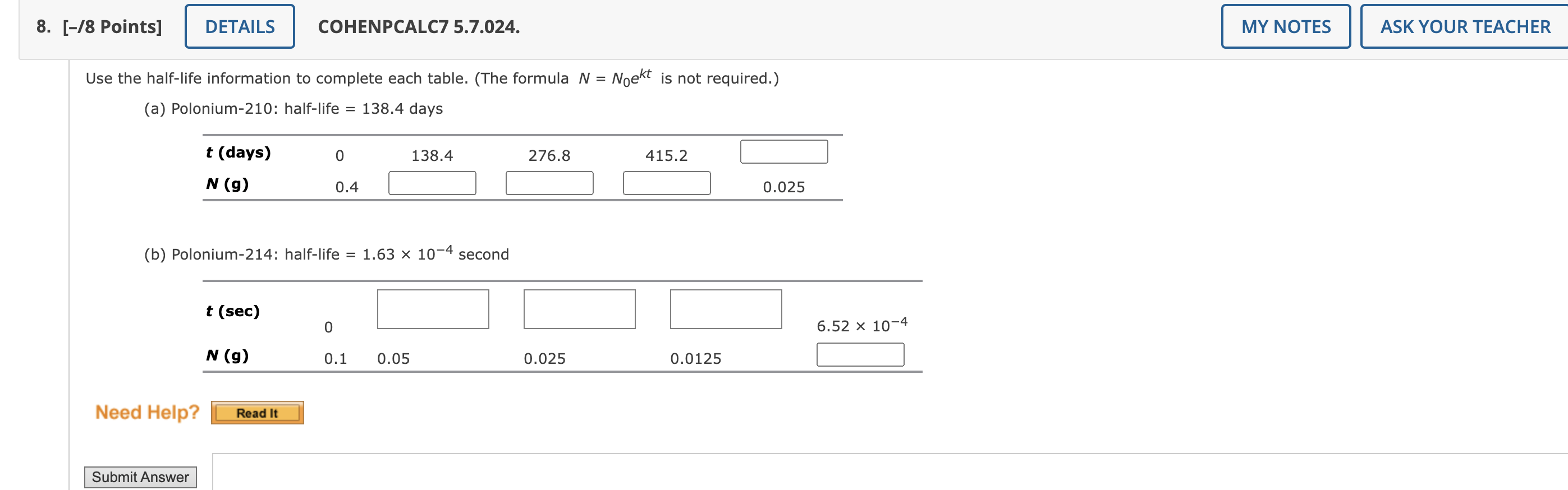 Solved -/8 Points] COHENPCALC7 5.7.024. Use the half-life | Chegg.com