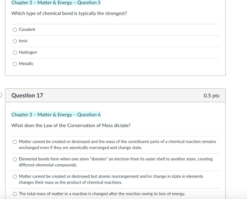 Solved Chapter 3 - Matter & Energy - Question 1 Which of the | Chegg.com