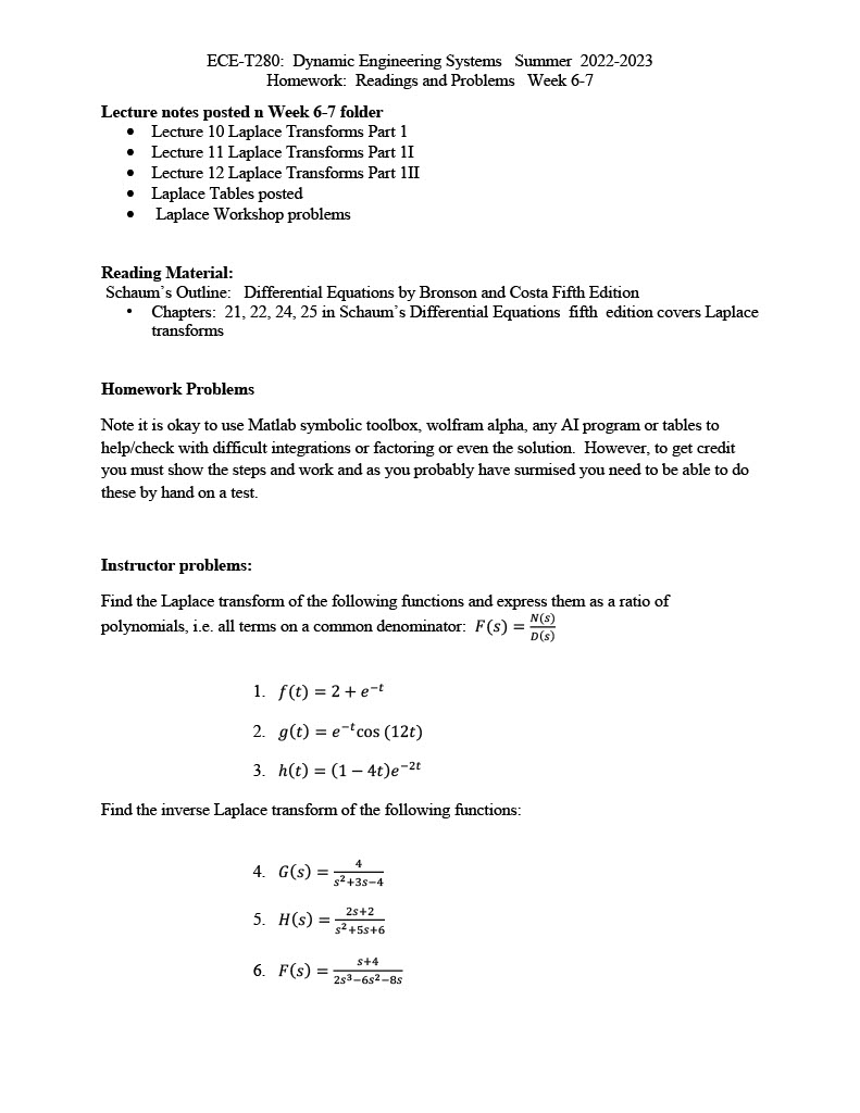 Solved ECE-T280: Dynamic Engineering Systems Summer | Chegg.com