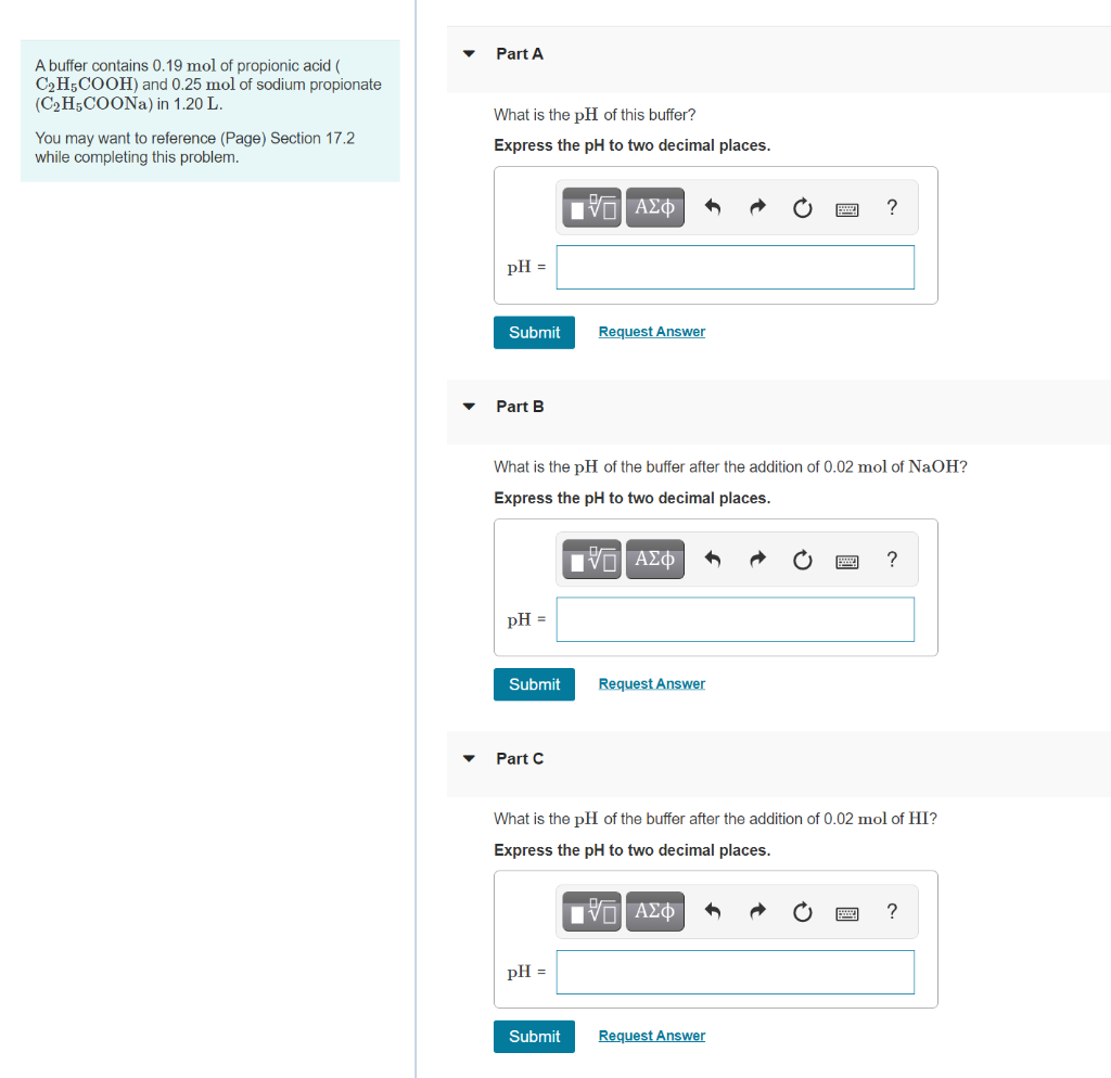 Solved Part A A buffer contains 0.19 mol of propionic acid ( | Chegg.com