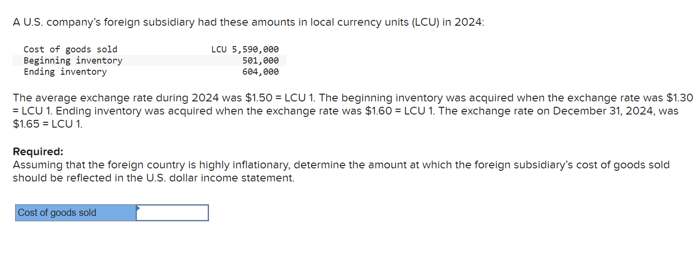 Solved A U.S. ﻿company's foreign subsidiary had these | Chegg.com