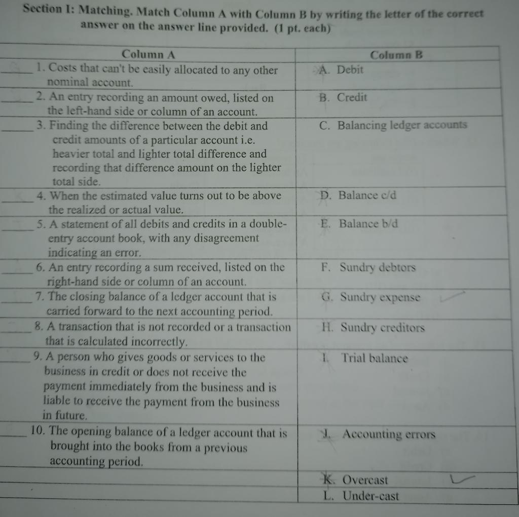 Solved Section 1: Matching. Match Column A with Column B by | Chegg.com