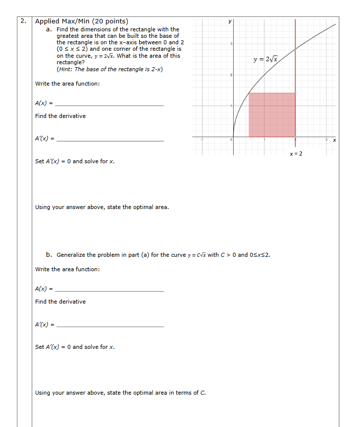 Solved y 3 2. Applied Max/Min (20 points) a. Find the | Chegg.com