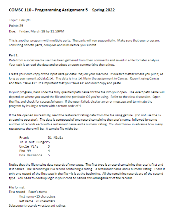 Solved COMSC 110 - Programming Assignment 5 - Spring 2022 | Chegg.com