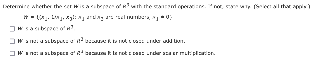 Solved Determine whether the set W is a subspace of R3 with | Chegg.com