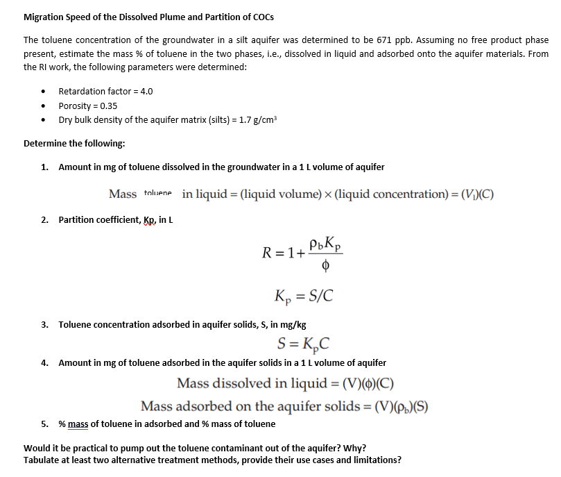 Solved Migration Speed of the Dissolved Plume and Partition | Chegg.com