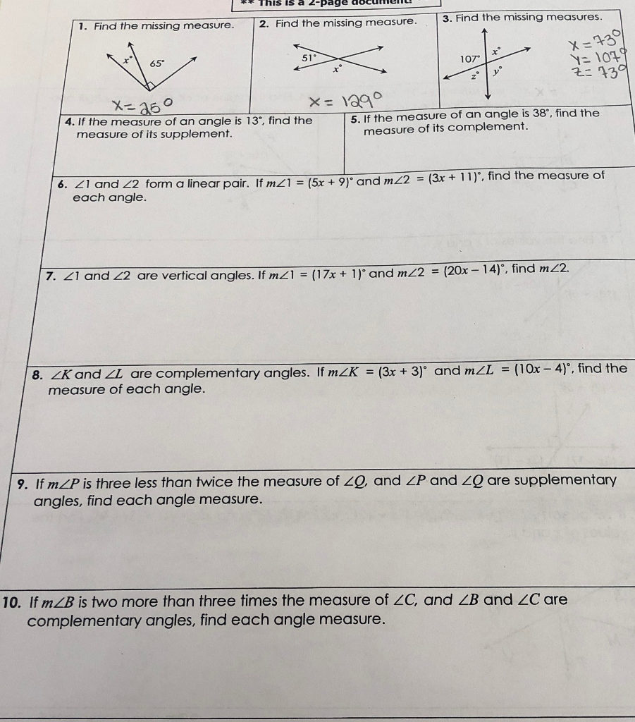 Solved This is a 2-pa 1. Find the missing measure. 3. Find | Chegg.com