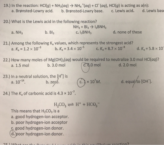 Solved 19.) In the reaction: HCI(g) + NH3(aq)-) NH4+(aq) + | Chegg.com