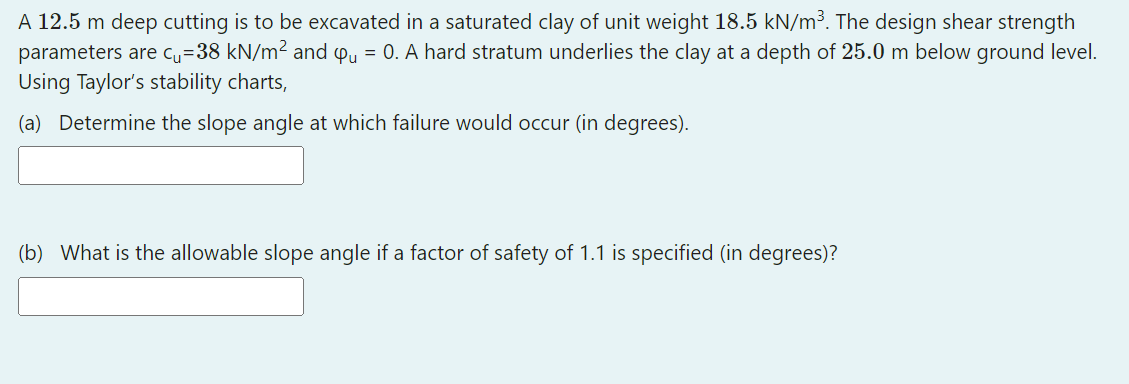 Solved A 12.5 m deep cutting is to be excavated in a | Chegg.com