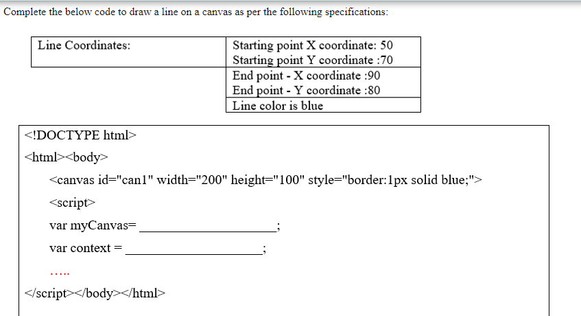 Solved Complete the below code to draw a line on a canvas as | Chegg.com
