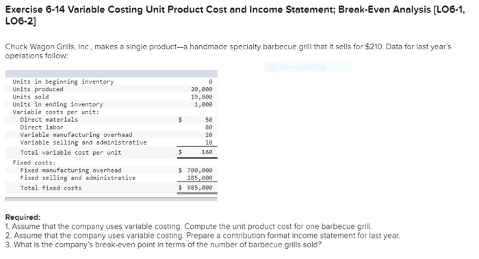 Solved Exercise 6-14 Variable Costing Unit Product Cost and | Chegg.com
