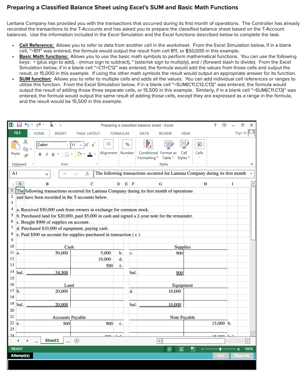 Solved Preparing a Classified Balance Sheet using Excel's | Chegg.com
