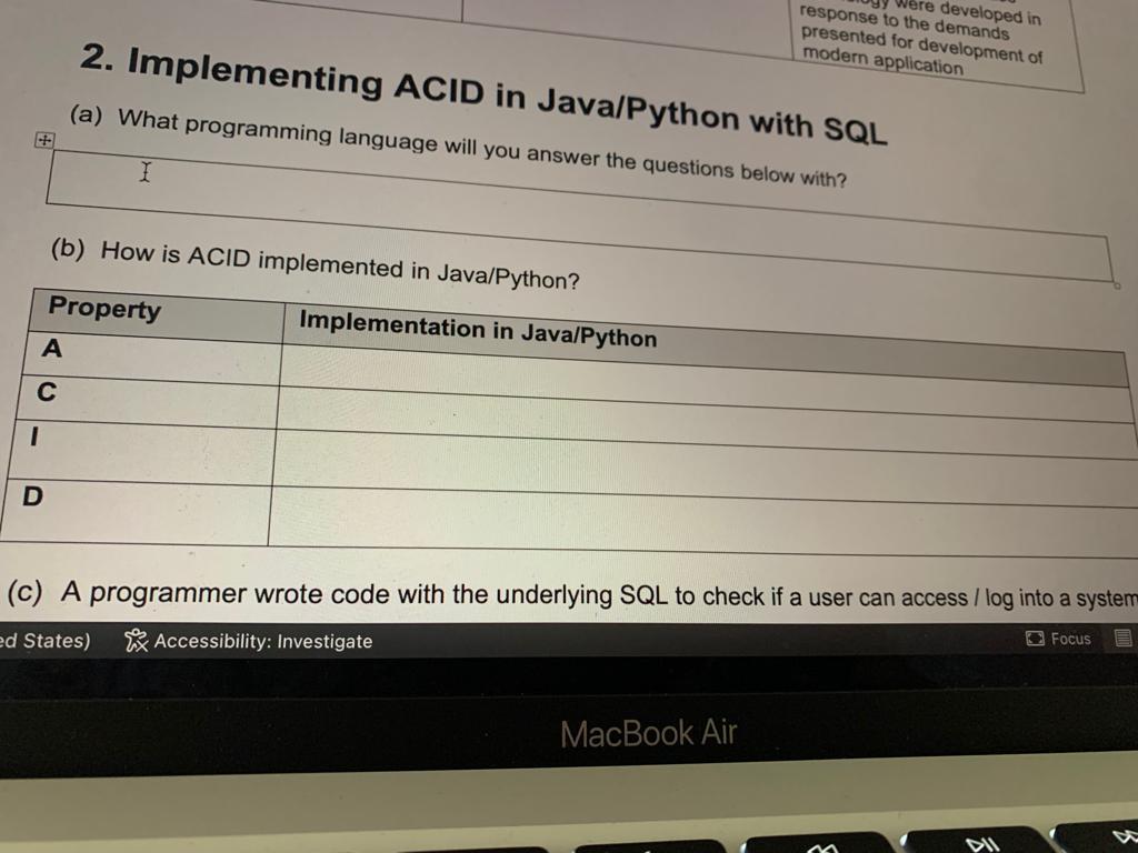 Solved (b) How is ACID implemented in Java/Python? (c) A | Chegg.com